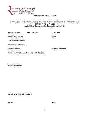 Fillable Online redmaids co Junior Incident Report Form - The Red Maids ...