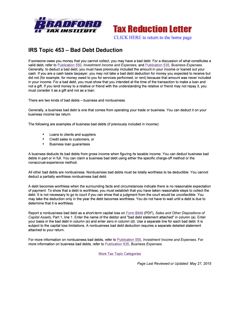 Fillable Online IRS Topic 453 Bad Debt Deduction Fax Email Print ...