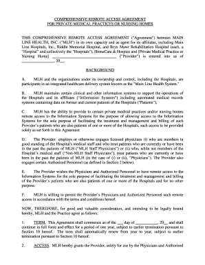 Fillable Online mainlinehealth COMPREHENSIVE REMOTE ACCESS AGREEMENT ...