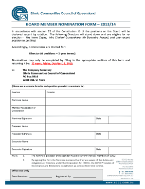 Fillable Online BOARD MEMBER NOMINATION FORM 2013/14 - eccq.com.au Fax ...