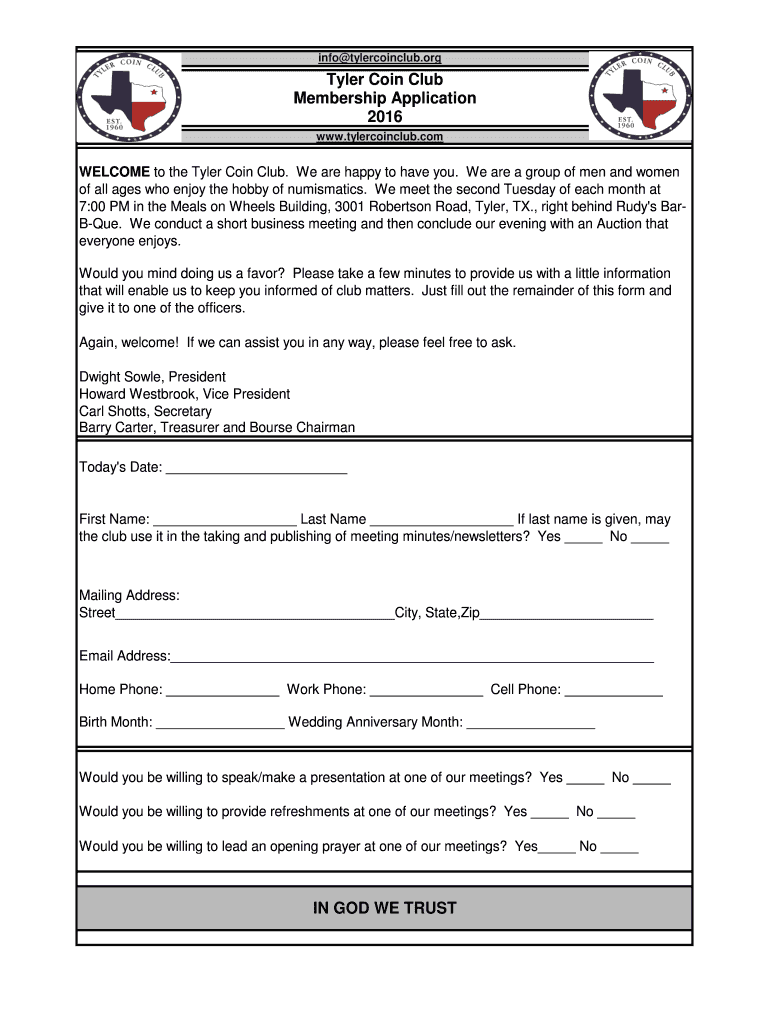 Fillable Online tylercoinclub New Member Information Sheet - Tyler Coin ...