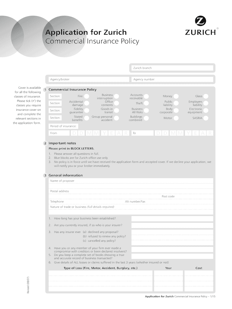 Fillable Online Application for Zurich Commercial Insurance Policy Fax ...