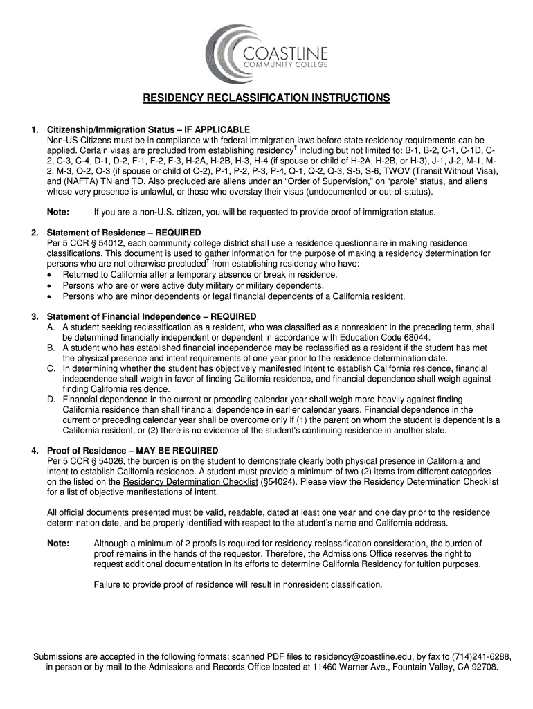 Fillable Online Residency Reclassification Instructions & Statement of Residence.pdf Fax Email ...