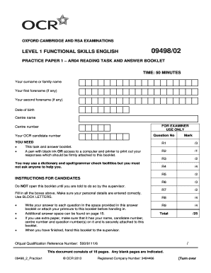 Fillable Online ocr org Practice 1 English Level 1 Reading - OCR - ocr ...