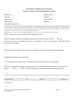 Fillable Online uhv Optional Use-Formal Grievance Form - University of ...