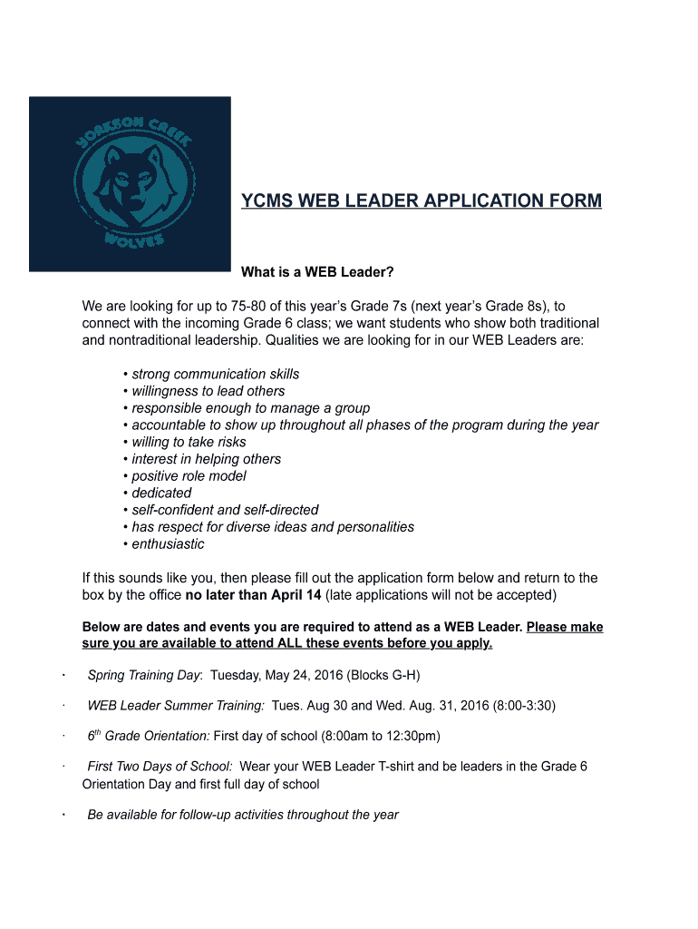 Fillable Online ycms public sd35 bc YCMS WEB LEADER APPLICATION FORM ...