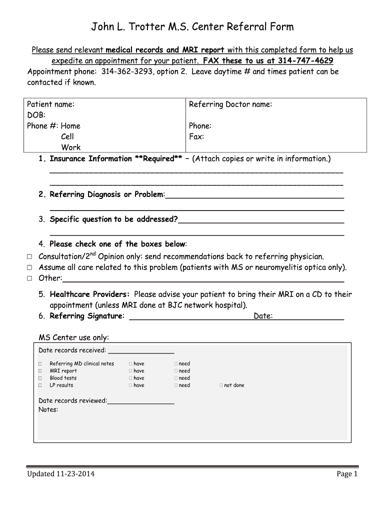 Fillable Online neuro wustl Referring Physicians Printable Referral ...