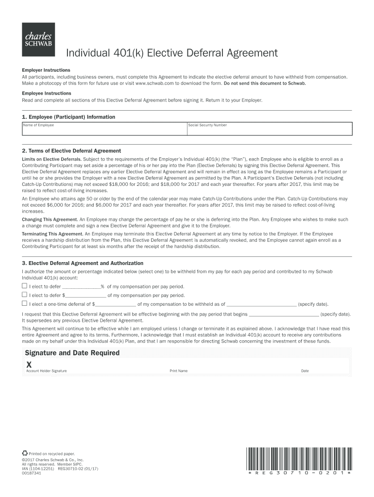 Fillable Online Individual 401(k) Elective Deferral Agreement - Charles ...