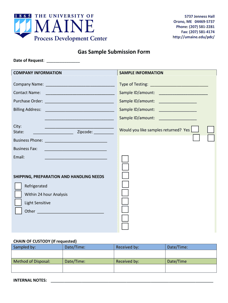Fillable Online umaine Gas Sample Submission Form - umaine Fax Email ...