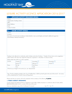 Fillable Online LEISURE ACTIVITY LICENCE APPLICATION 2016-2017 Fax ...