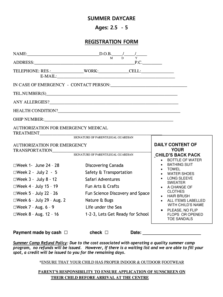 Fillable Online SUMMER DAYCARE Ages: 2.5 - 5 REGISTRATION FORM Fax ...