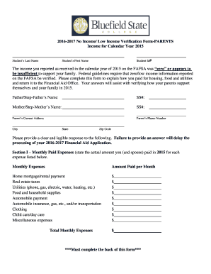 Fillable Online bluefieldstate 2016-2017 No Income/ Low Income Verification Form-PARENTS ...