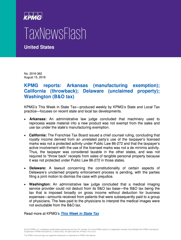 Fillable Online KPMG reports: Arkansas (manufacturing exemption); Fax ...