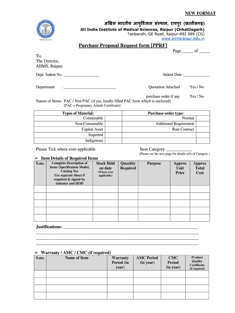 Fillable Online aiimsraipur edu Purchase Proposal Request form PPRF ...