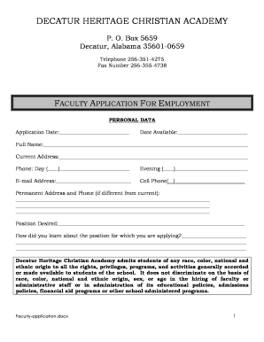 Fillable Online dhca Faculty Application - Decatur Heritage Christian ...