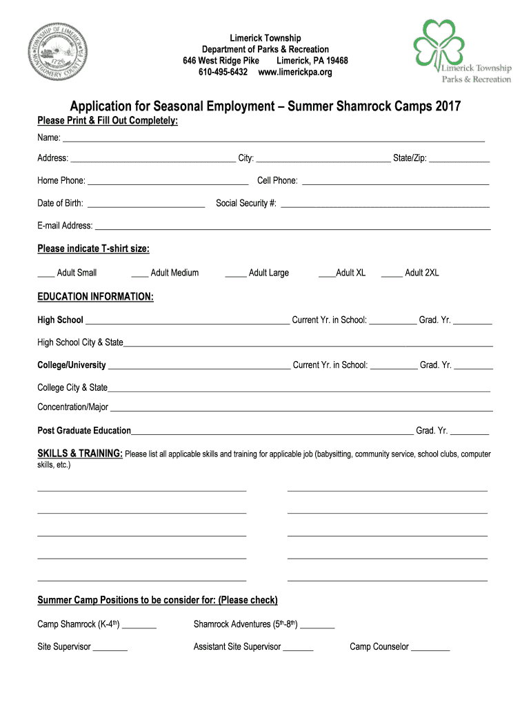 Fillable Online Employment Application for Shamrock Camps - Limerick ...