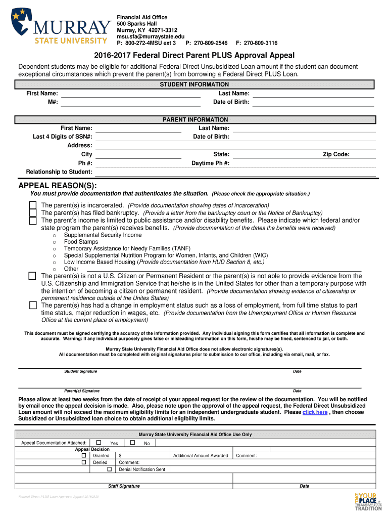 Fillable Online campus murraystate 2016-2017 - Murray State University Fax Email Print - pdfFiller