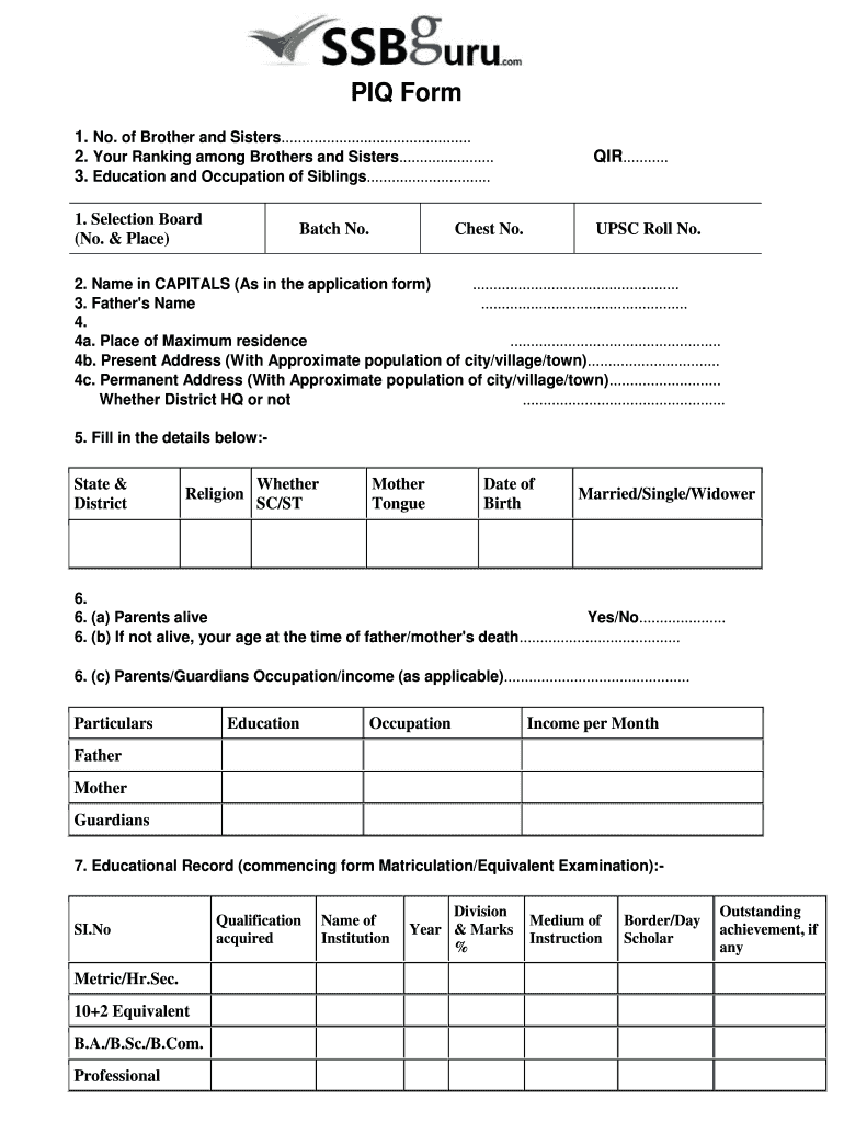 Fillable Online PIQ Form - SSBGuru.com Fax Email Print - pdfFiller