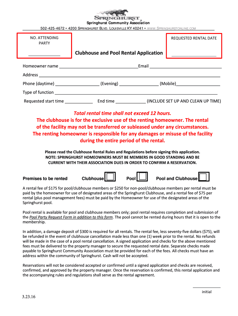 Fillable Online Clubhouse and Pool Rental Application Total ...