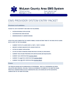 Fillable Online mcleancountyems EMS PROVIDER SYSTEM ENTRY PACKET ...