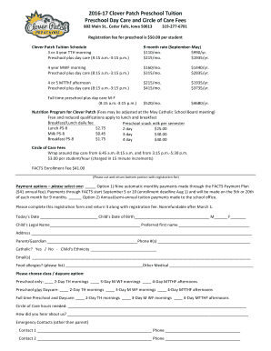 Fillable Online cfcatholicschool 2016-17 Clover Patch Preschool Tuition ...