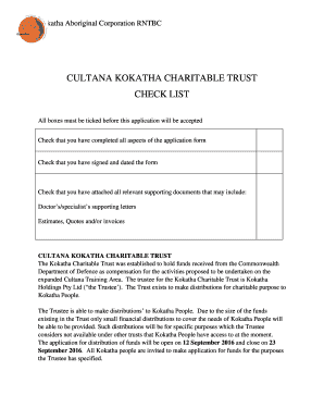 Fillable Online CULTANA KOKATHA CHARITABLE TRUST CHECK LIST Fax Email Print - pdfFiller