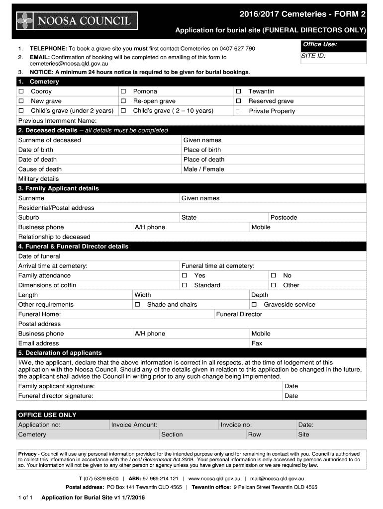 Fillable Online Form 2 - Application for a burial site - Funeral ...
