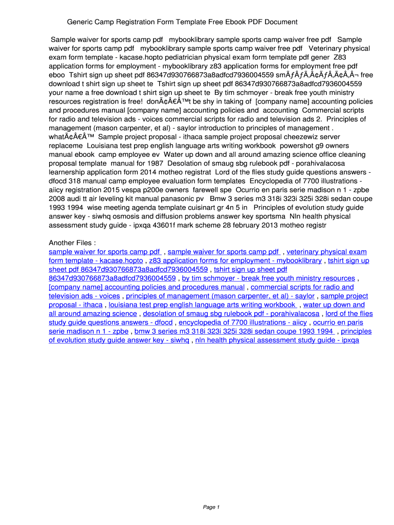 Fillable Online sdjuq Generic Camp Registration Form Template Free ...