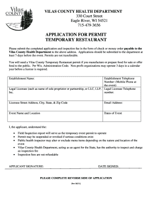 Fillable Online APPLICATION FOR PERMIT TEMPORARY RESTAURANT Fax Email ...