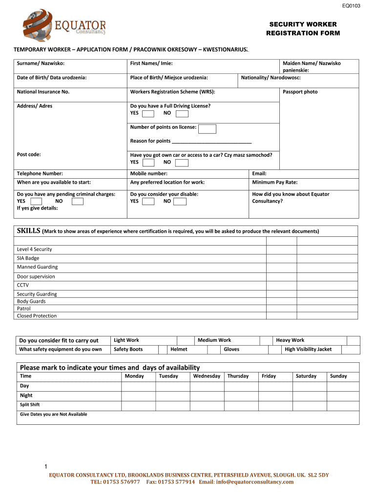 Fillable Online TEMPORARY WORKER APPLICATION FORM / PRACOWNIK OKRESOWY ...