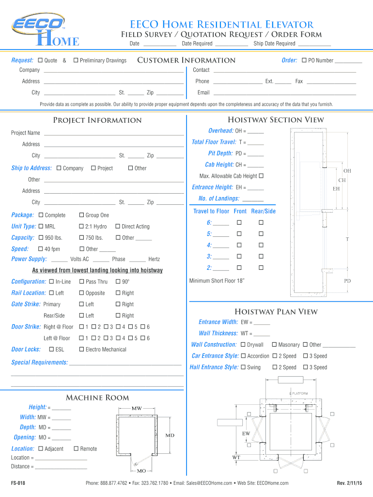 Fillable Online EECO Home Residential Quote Form - EECO Home Elevator Fax Email Print - pdfFiller
