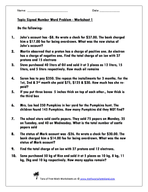 Fillable Online Signed Number Word Problem Five Pack of Worksheets ...