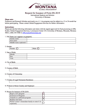 Fillable Online umt Request for Issuance of Form DS-2019 - umt.edu Fax ...