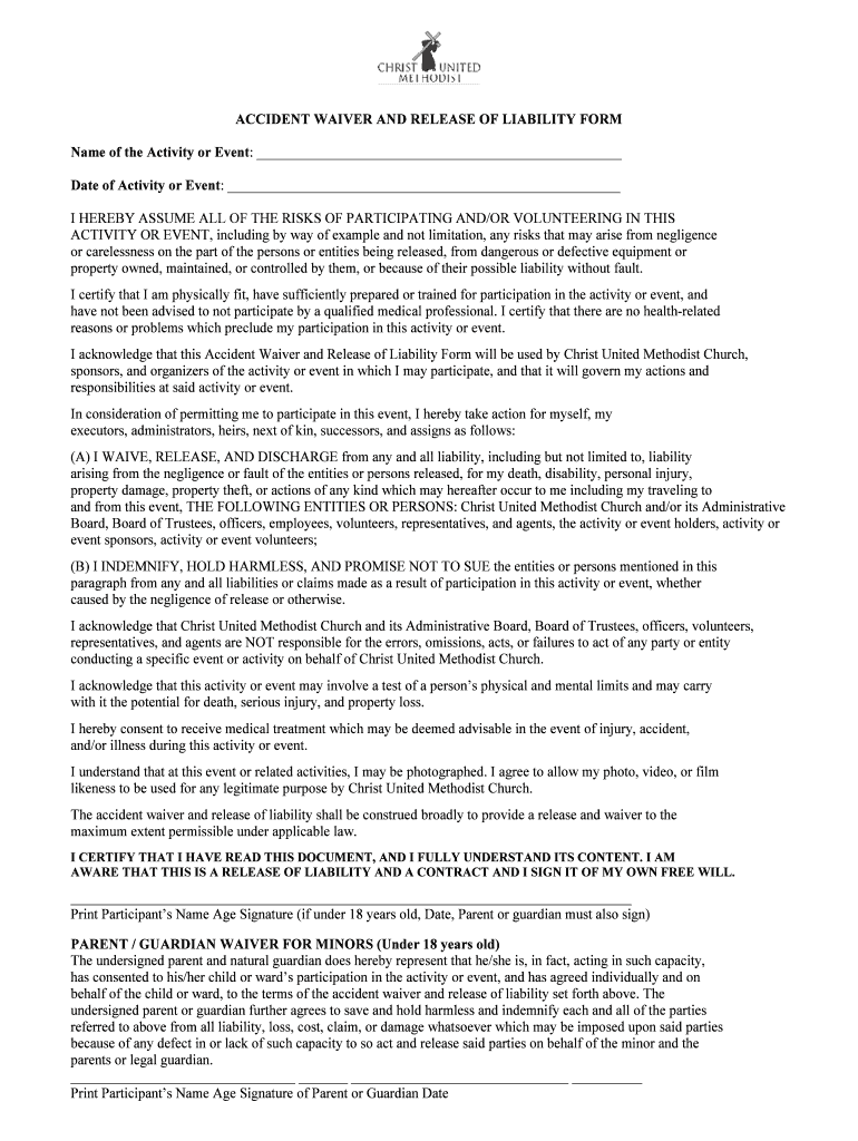 Fillable Online christunitedjxn CUMC Accident Waiver and Liabilty Release Form - christunitedjxn ...