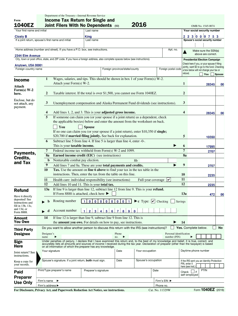 Fillable Online 2016 Form 1040EZ. Income Tax Return for Single and ...