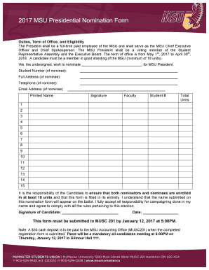 Fillable Online 2017 MSU Presidential Nomination Form Fax Email Print ...