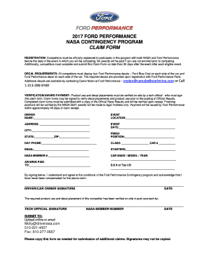 Fillable Online 2017 ford performance nasa contingency program claim ...