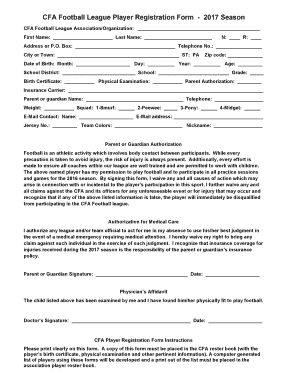 Fillable Online CFA Football League Player Registration Form - 2017 ...