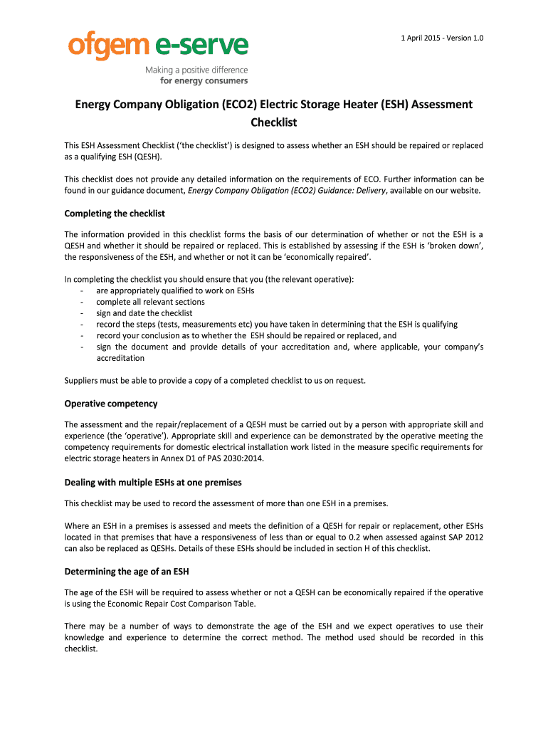 Fillable Online ofgas gov (ESH) Assessment Checklist - Ofgem - ofgas ...