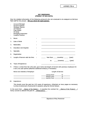 Fillable Online KEY PERSONNEL (FORMAT OF BIO-DATA) Fill up a form for ...