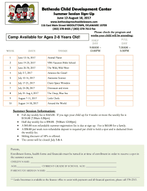 Fillable Online Bethesda Child Development Center Summer Session Sign ...