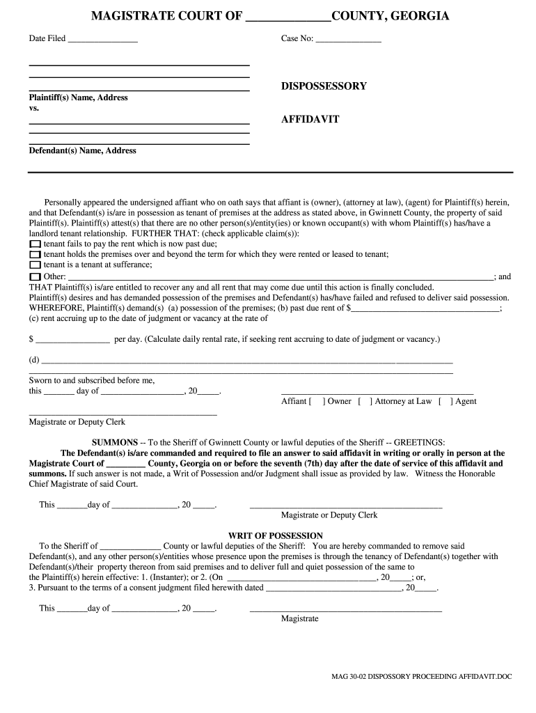 2009 Form GA Dispossessory Affidavit Fill Online Printable Fillable 