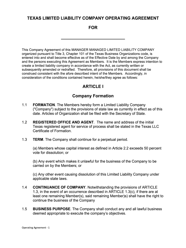 Texas Llc Operating Agreement Template Fill Online Printable 