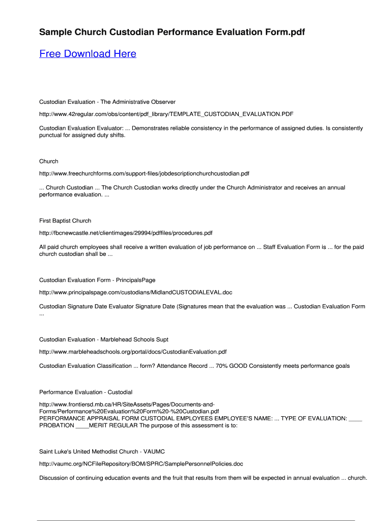 Fillable Online Sample Church Custodian Performance Evaluation Form Fax ...