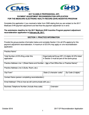 Fillable Online cms EHR 2017 EP Payment Adjustment Reconsideration ...