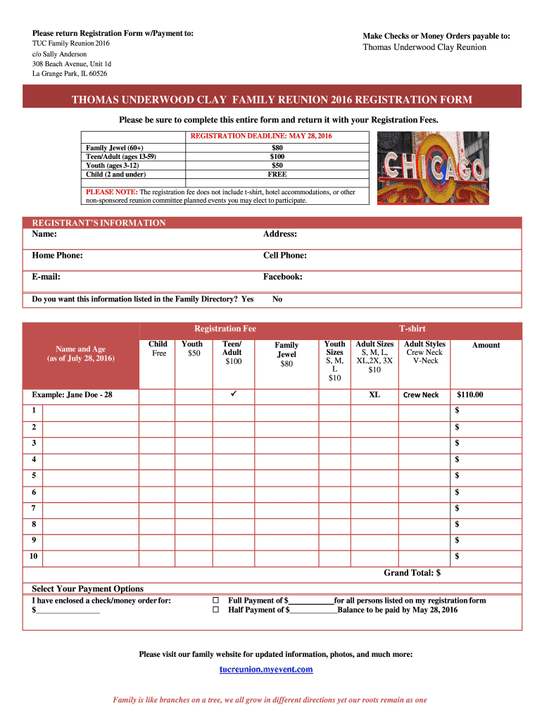 Fillable Online thomas underwood clay family reunion 2016 registration ...