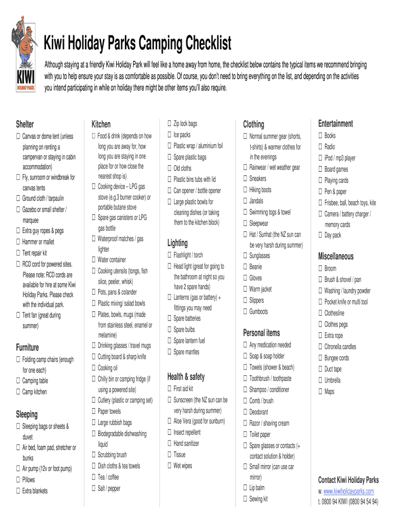 Camping Checklist Nz - Fill Online, Printable, Fillable, Blank | pdfFiller