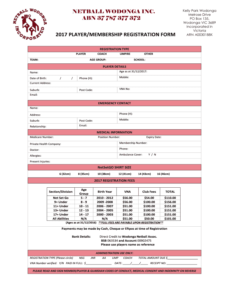 Fillable Online 2017 PLAYER/MEMBERSHIP REGISTRATION FORM Fax Email ...