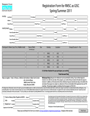 Fillable Online Registration Form for RMSC as GISC Spring/Summer 2011 ...