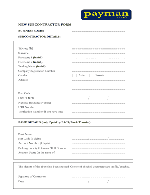Fillable Online payman co new subcontractor form - Payman.co.uk Ltd ...